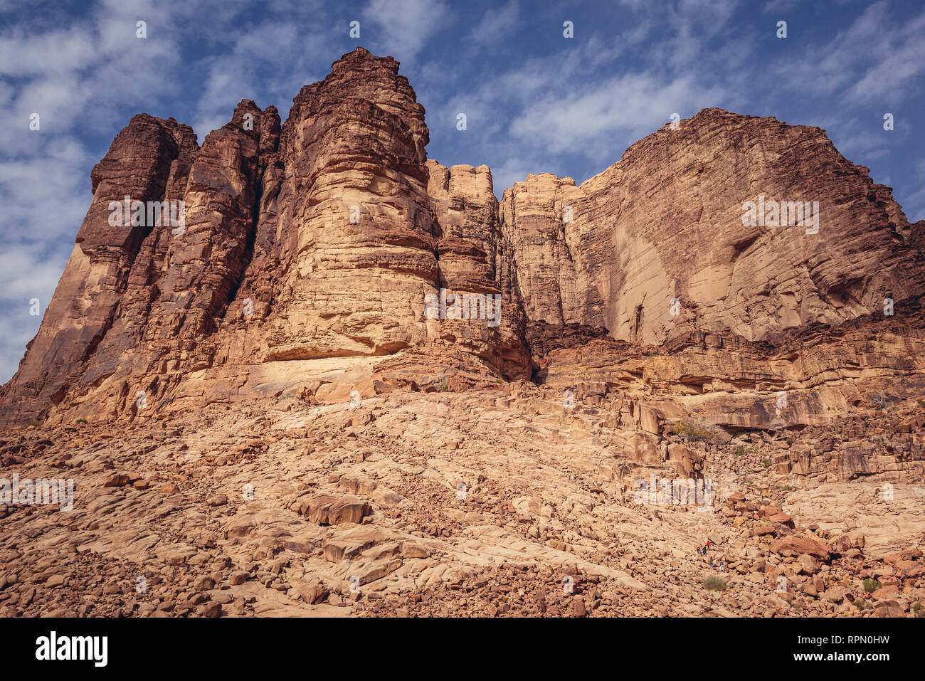 Mountain with Lawrence spring in Wadi Rum valley also called Valley of ...