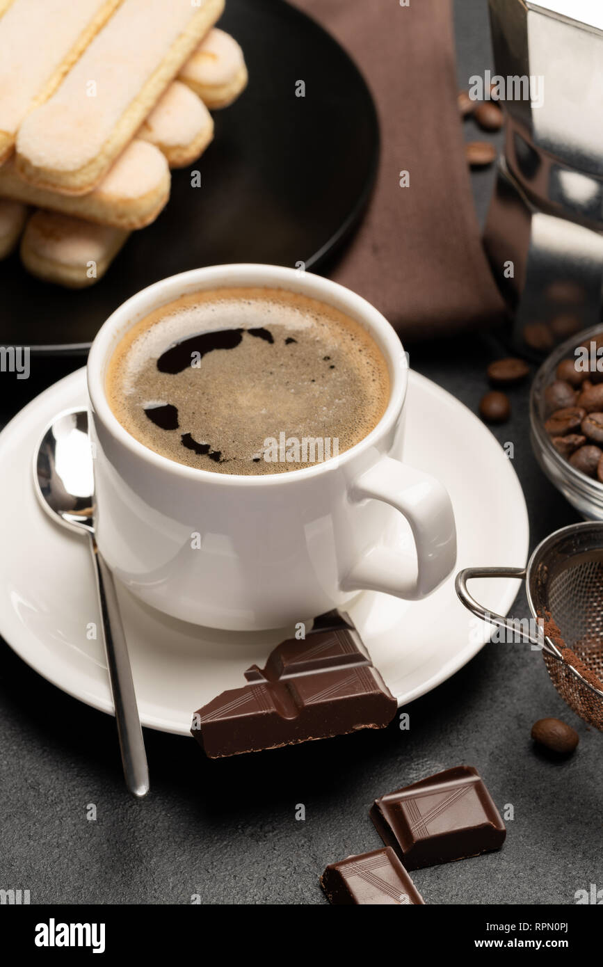 Traditional Italian Savoiardi ladyfingers Biscuits and cup of coffee on ...