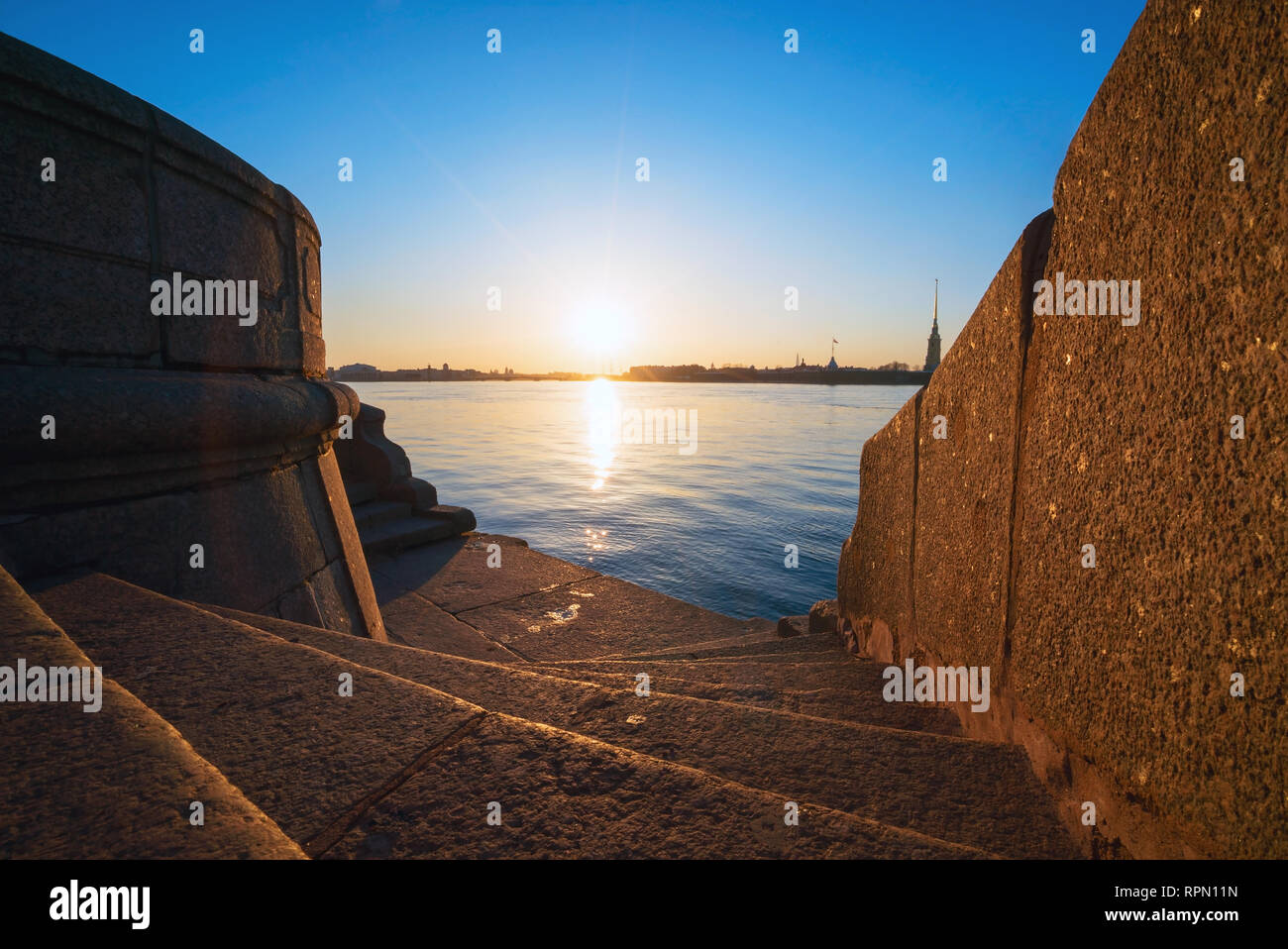Descent to the Neva granite parapet at the pier View of the Peter and ...