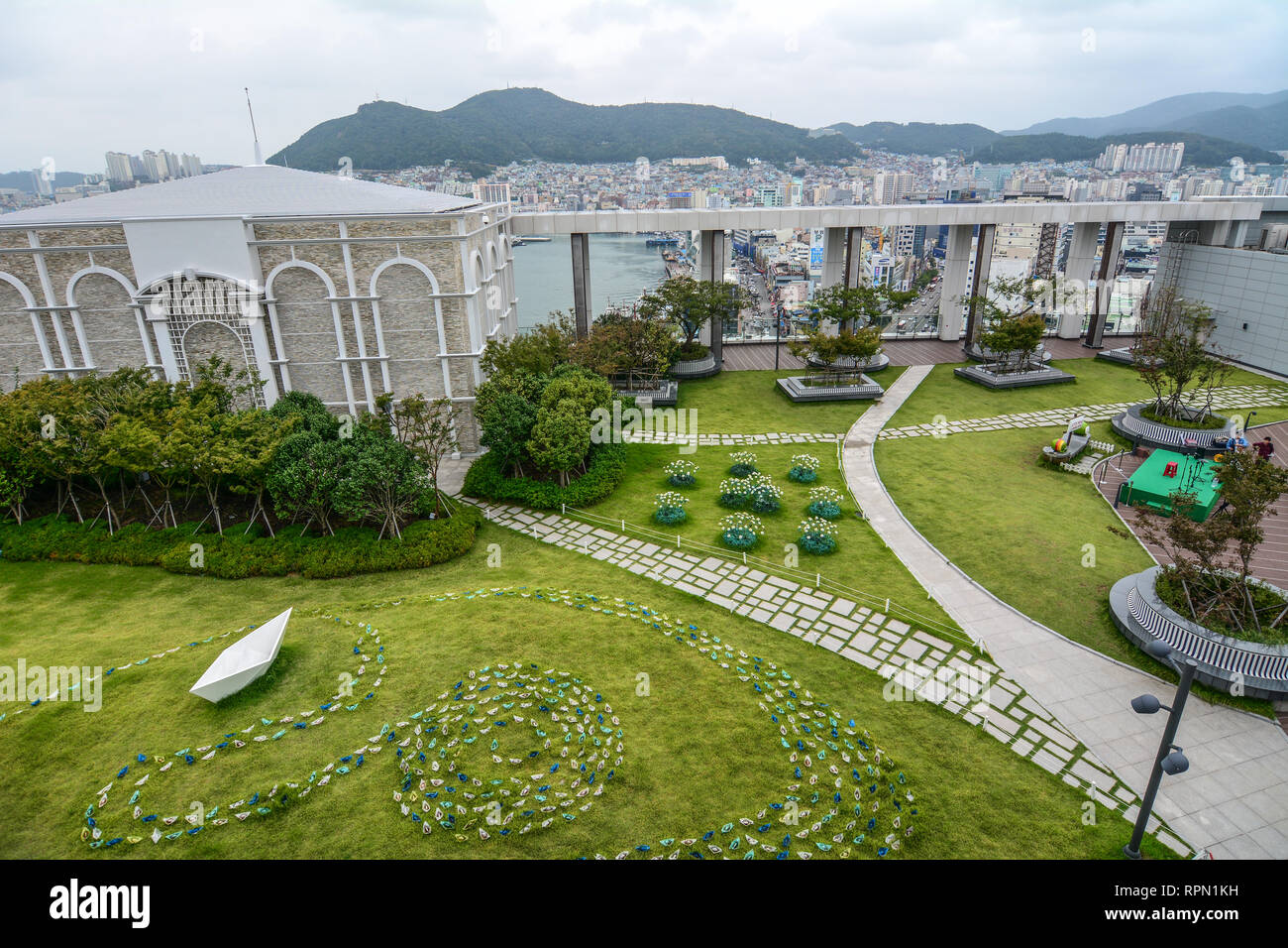 Busan, South Korea - Sep 18, 2016. Aerial view of green park in Busan ...