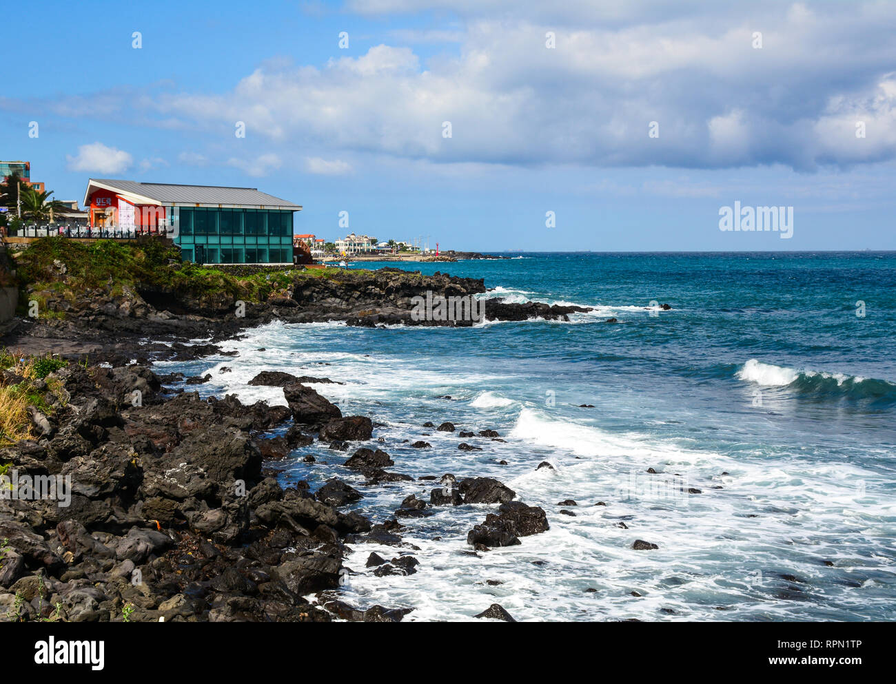 Jeju, South Korea - Sep 20, 2016. Cityscape with beautiful sea in Jeju ...