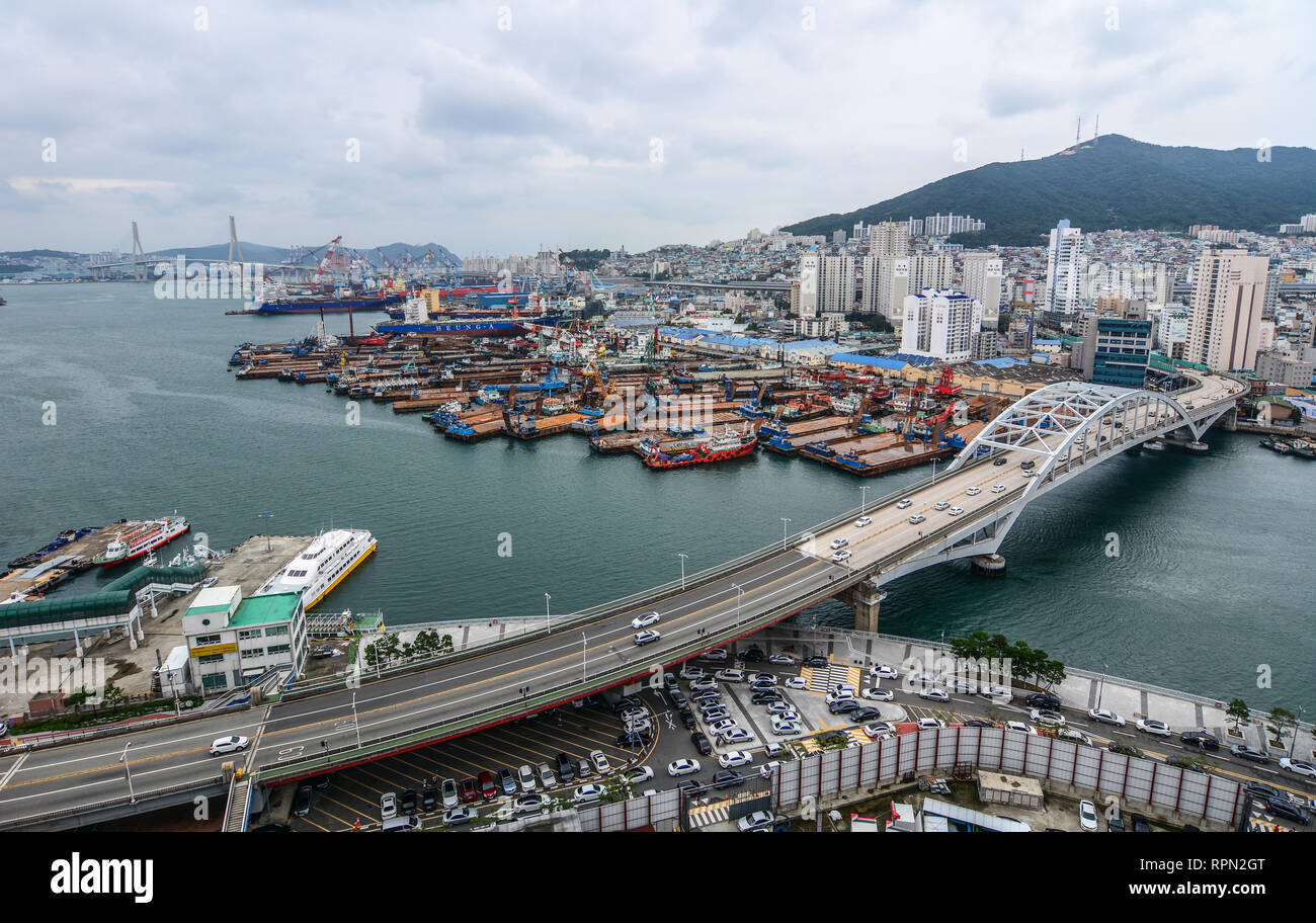 Busan, South Korea - Sep 18, 2016. Aerial view of Yeongdodaegyo Bridge ...