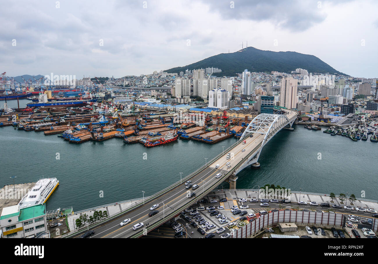 Busan, South Korea - Sep 18, 2016. Aerial view of Yeongdodaegyo Bridge ...