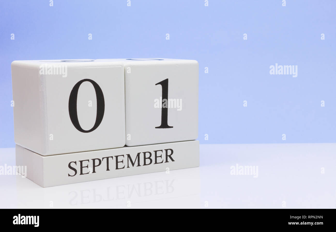 September 01st. Day 1 of month, daily calendar on white table with ...