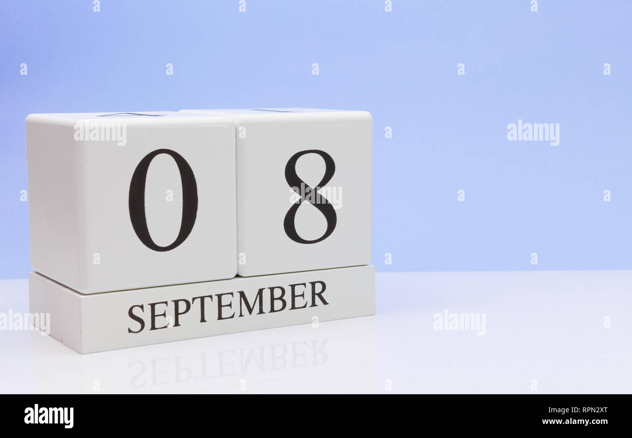 September 08st. Day 8 of month, daily calendar on white table with ...