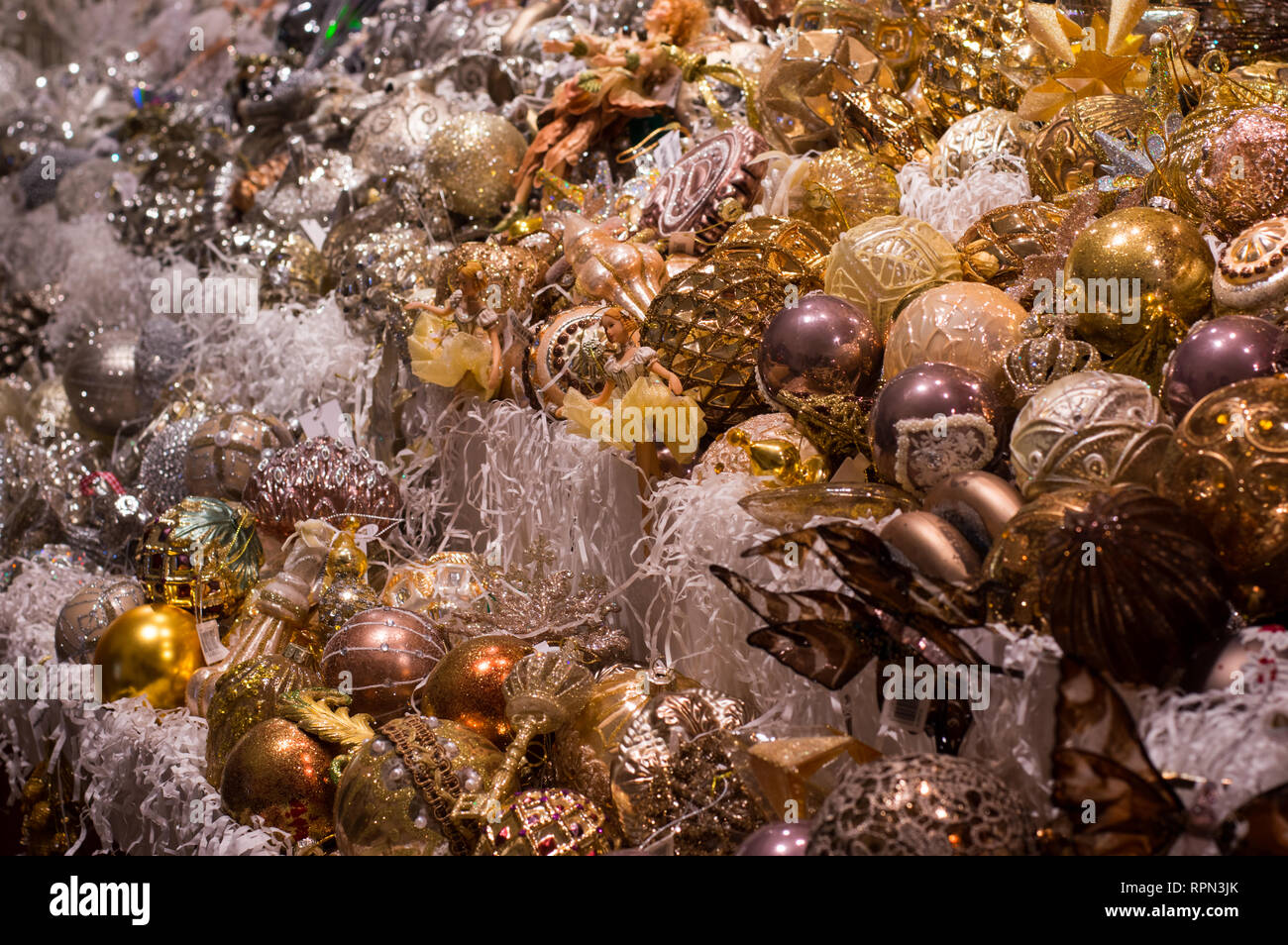 Christmas tree decorations, yellow and grey Stock Photo - Alamy