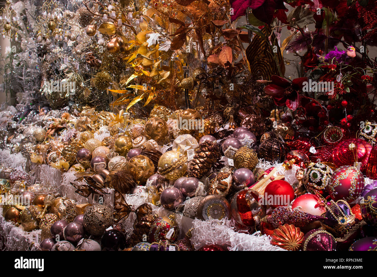 Christmas tree decorations, yellow and grey Stock Photo - Alamy