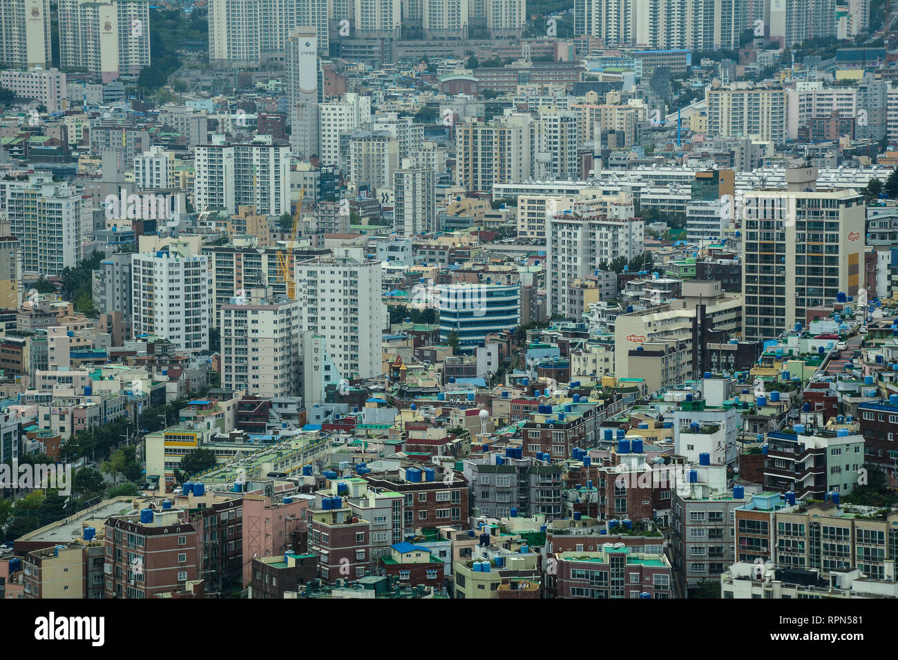 Busan, South Korea - Sep 18, 2016. Aerial view of downtown on coast in ...