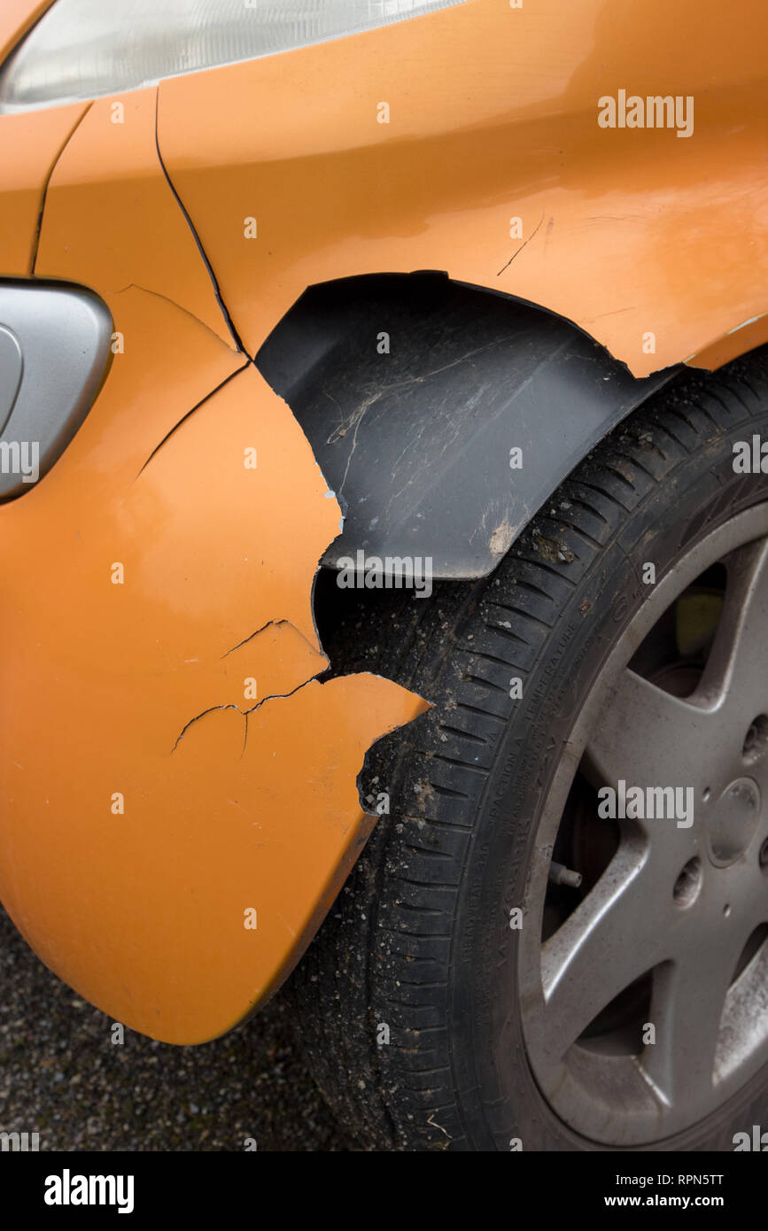 Car crash UK: Vehicle accident background. Close up of damage and ...