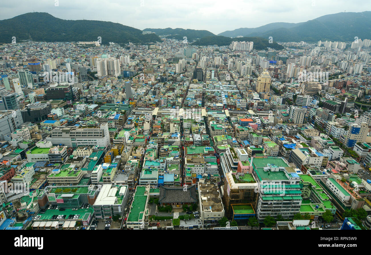 Busan, South Korea - Sep 18, 2016. Aerial view of downtown on coast in ...