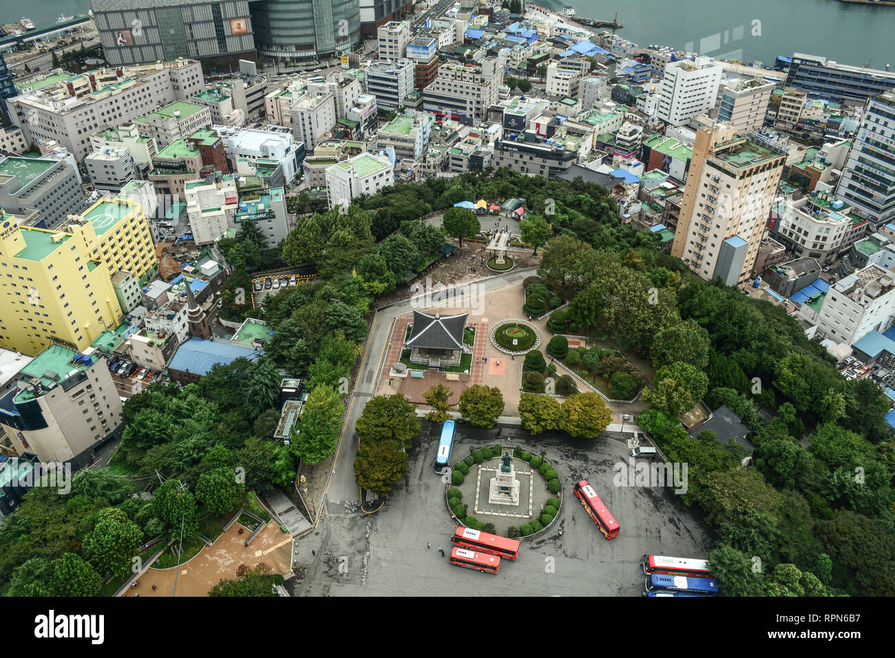 Busan, South Korea - Sep 18, 2016. Aerial view of downtown on coast in ...