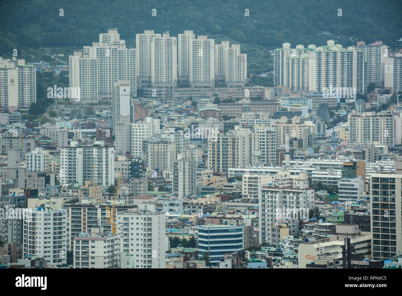 Busan, South Korea - Sep 18, 2016. Aerial view of downtown on coast in ...