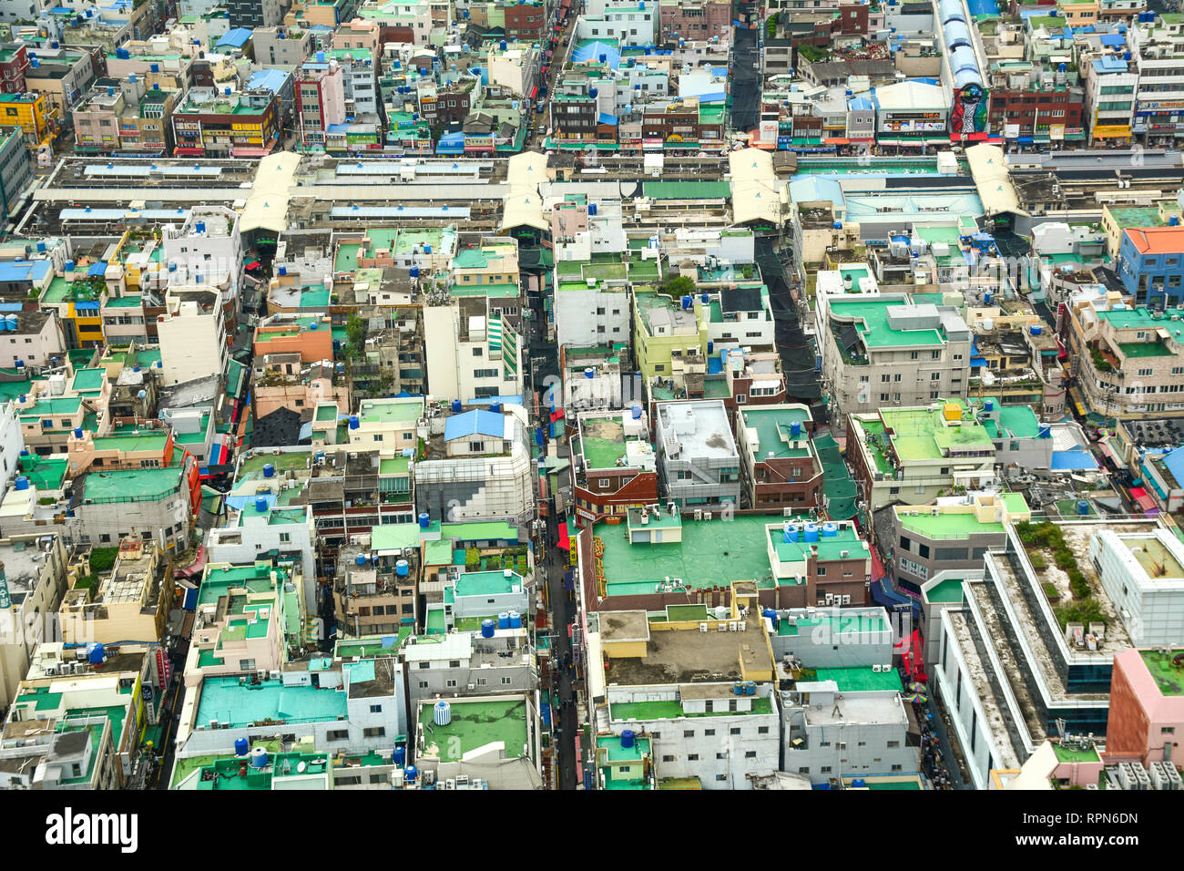 Busan, South Korea - Sep 18, 2016. Aerial view of downtown on coast in ...