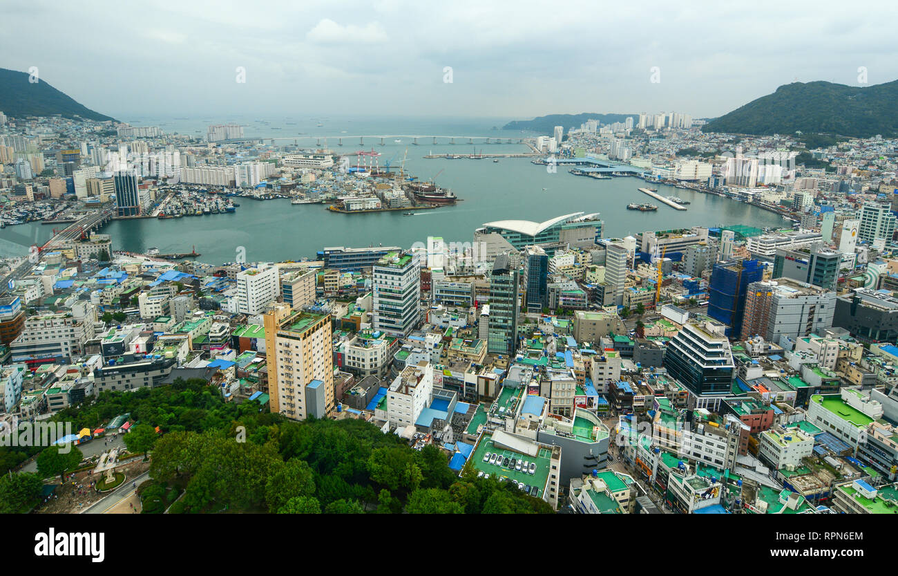 Busan, South Korea - Sep 18, 2016. Aerial view of downtown on coast in ...