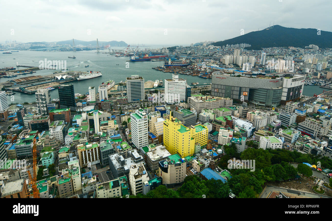 Busan, South Korea - Sep 18, 2016. Aerial view of downtown on coast in ...