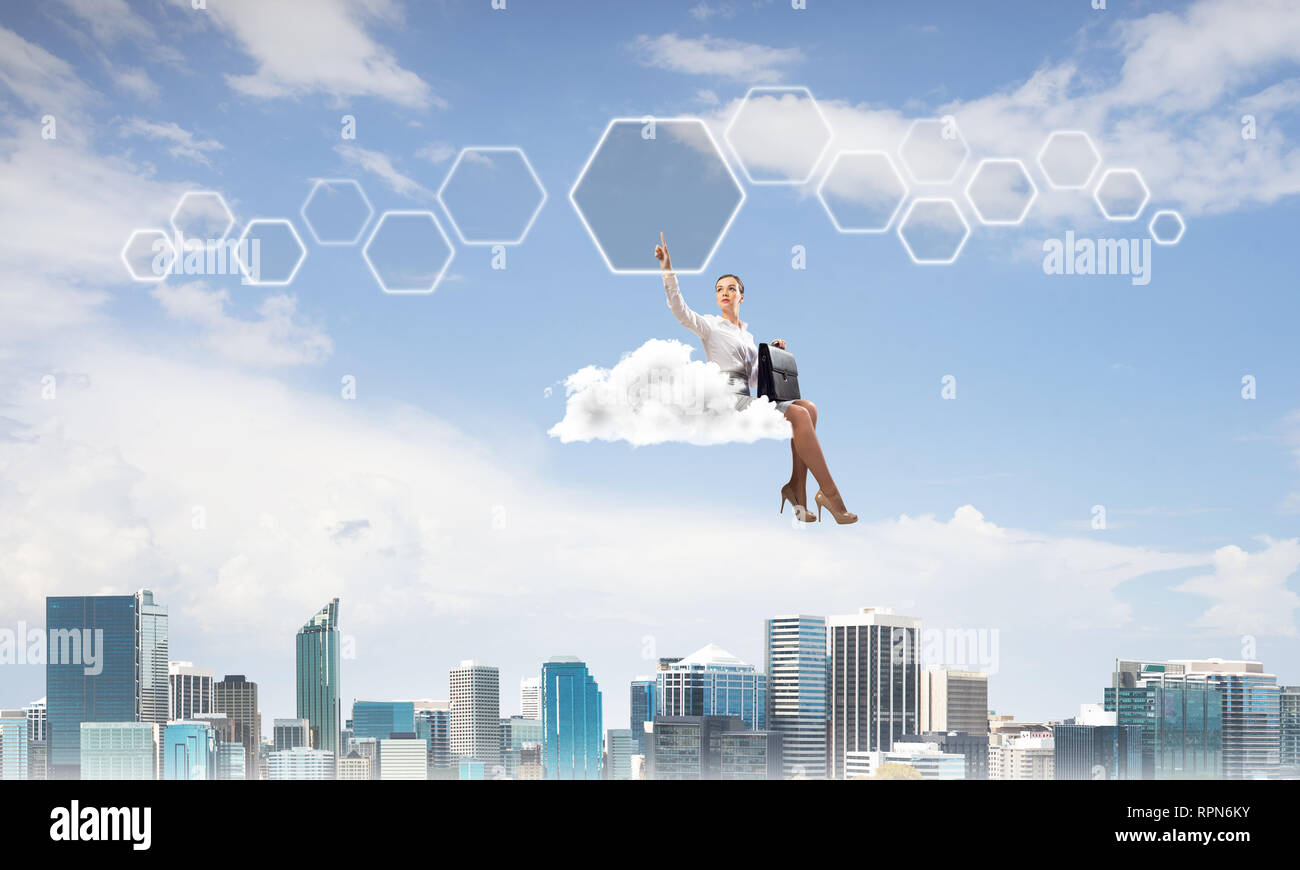 Elegant lady boss or accountant float on cloud and pointing with finger ...