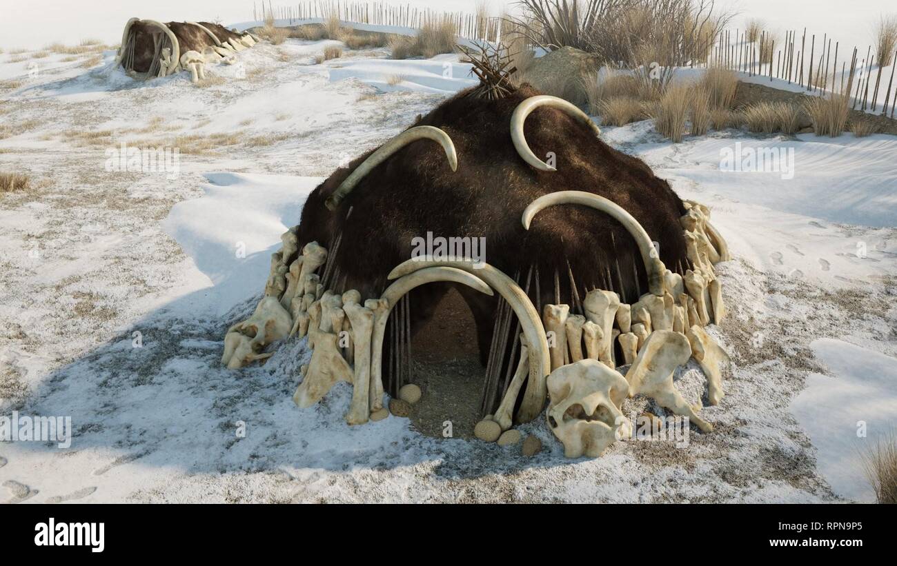 Dolni Vestonice, Moravia (current Czech Republic), ideal reconstruction of the mammoth hunter ...