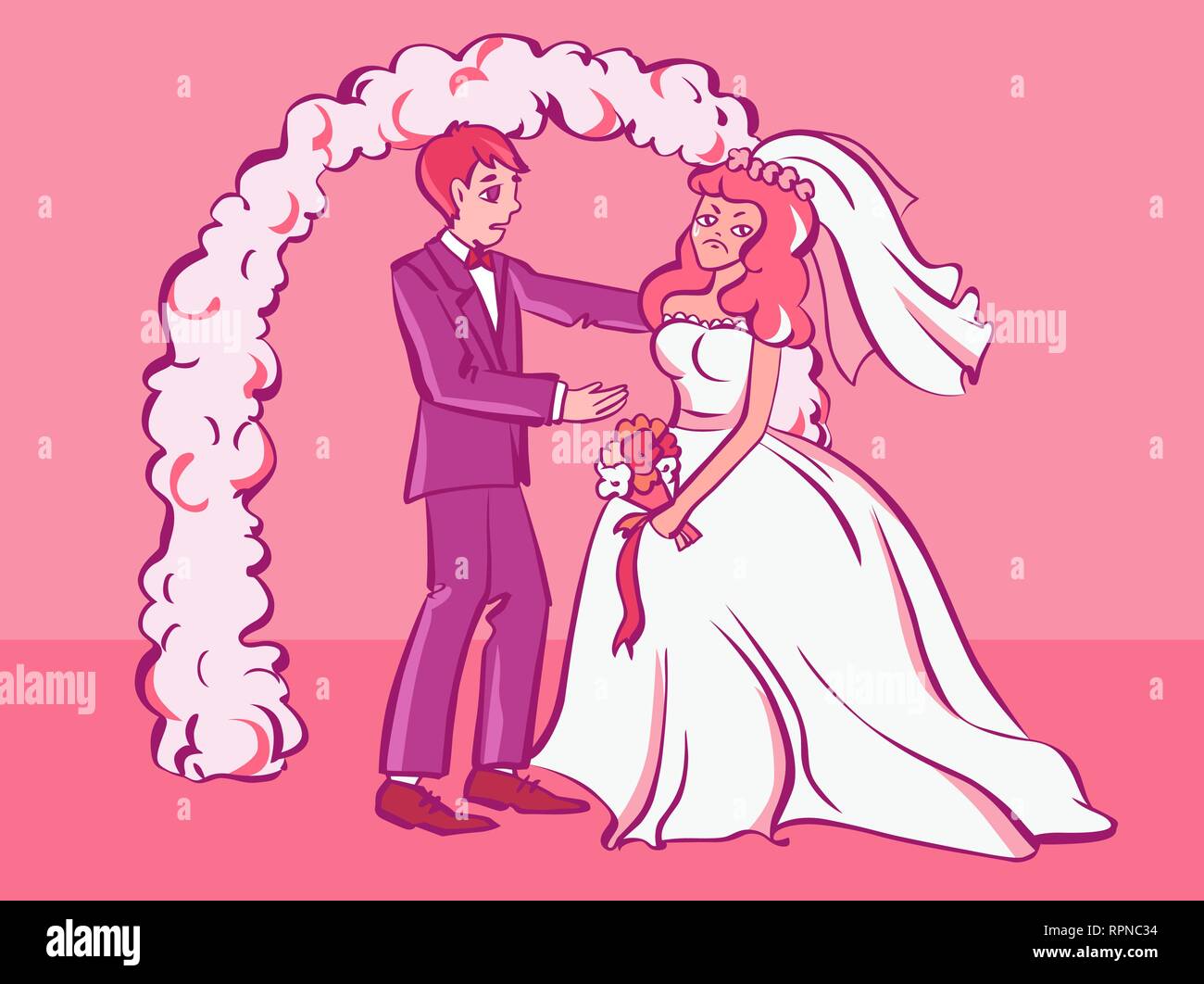 Sad fiancee cry, bridegroom tries to comfort her. Cartoon style ...