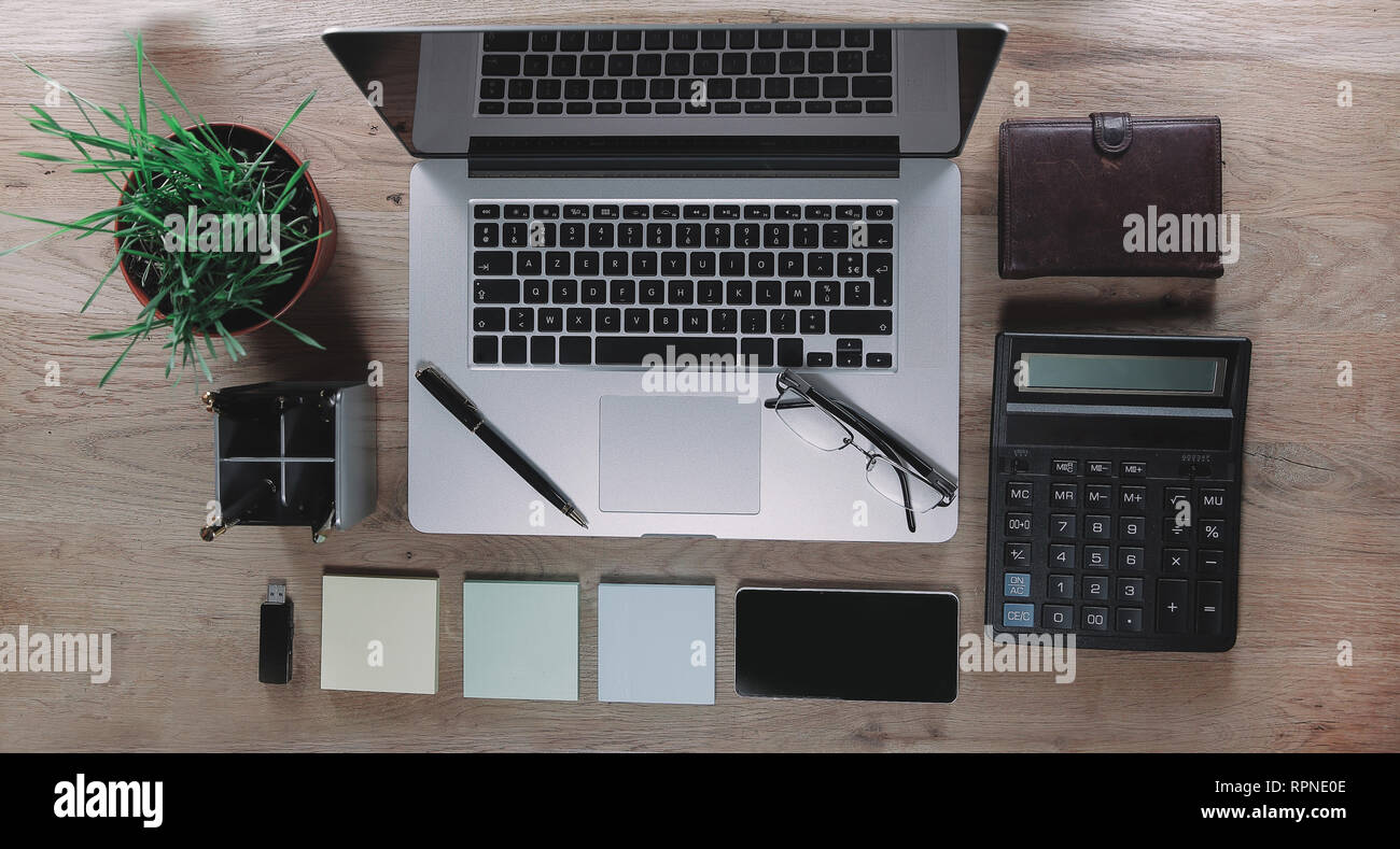 top view. work Desk in modern office Stock Photo - Alamy
