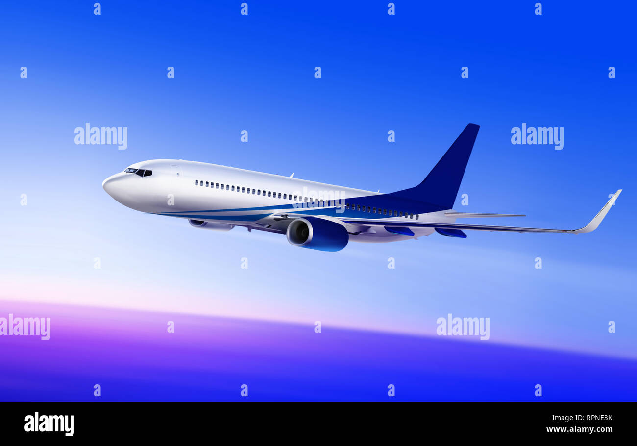 flying-up white passenger aircraft in the sky at sunrise Stock Photo ...