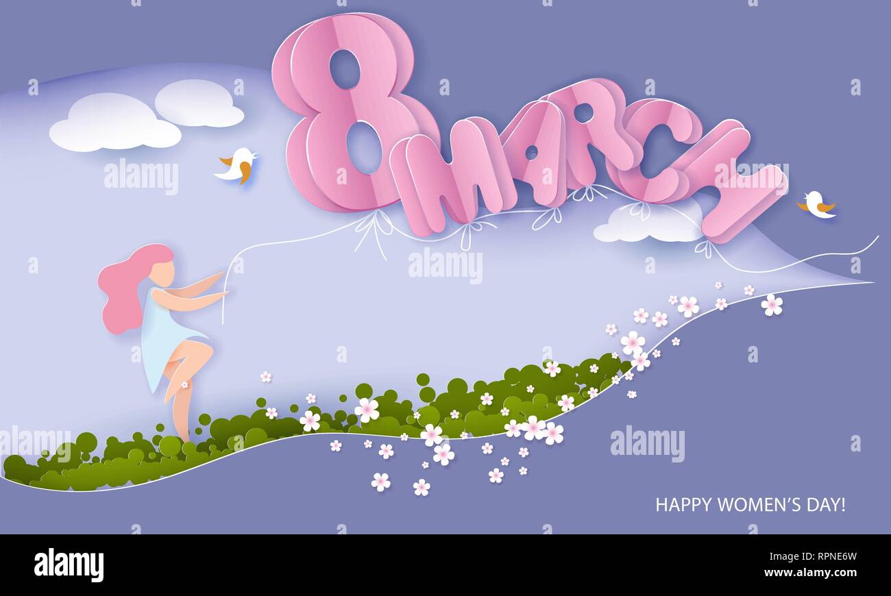 Happy 8 March womens day card. Woman with flowers and air balloons ...