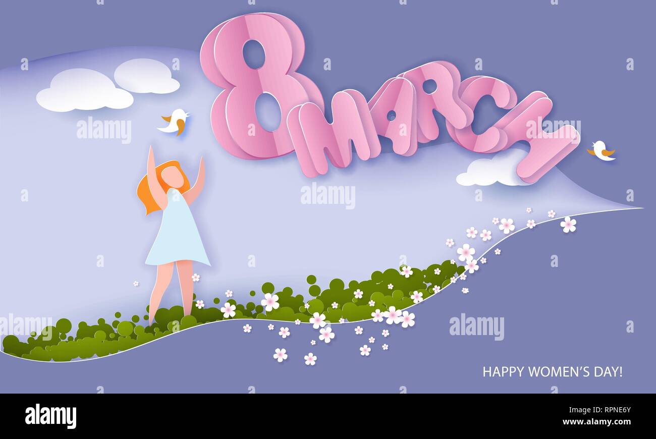 Happy 8 March womens day card. Woman with flowers near big letters ...