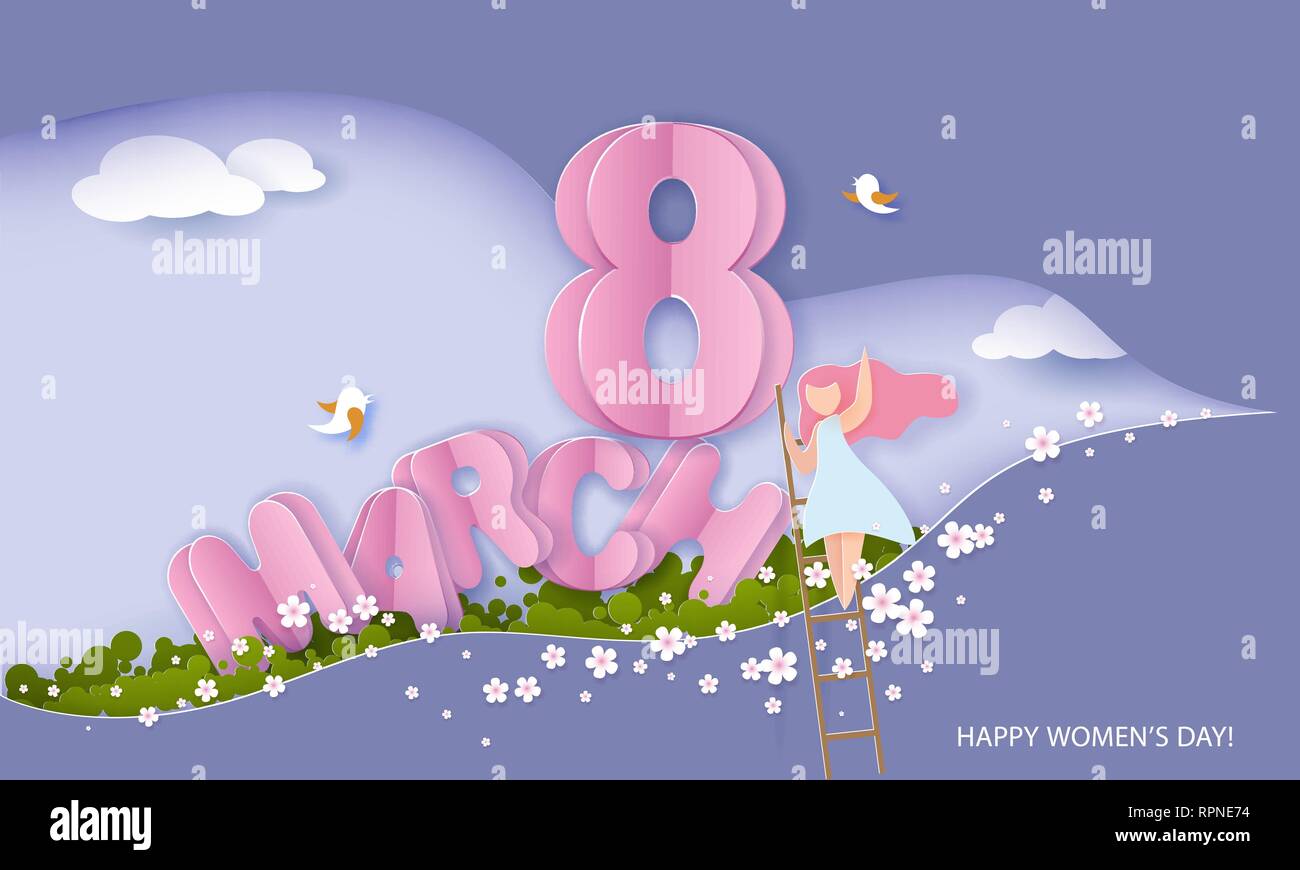 Happy 8 March womens day card. Woman on stairs decorates large letters ...