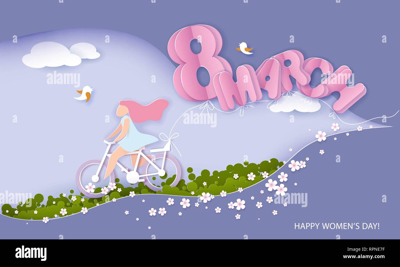 Happy 8 March womens day card. Woman riding bicycle with flowers and ...