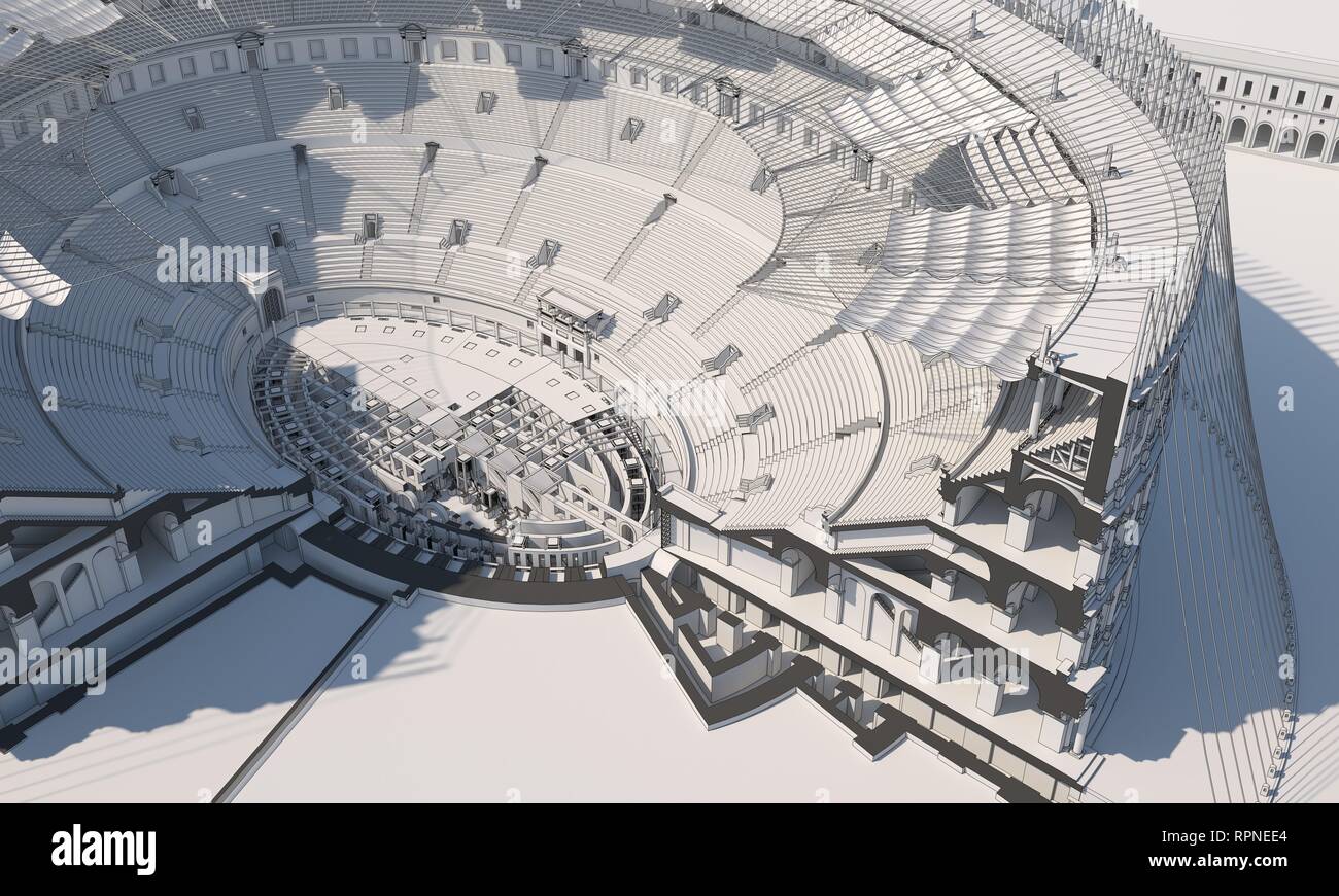 Colosseum and Ludus Magnus towards 130 CE. Reconstruction of the ...