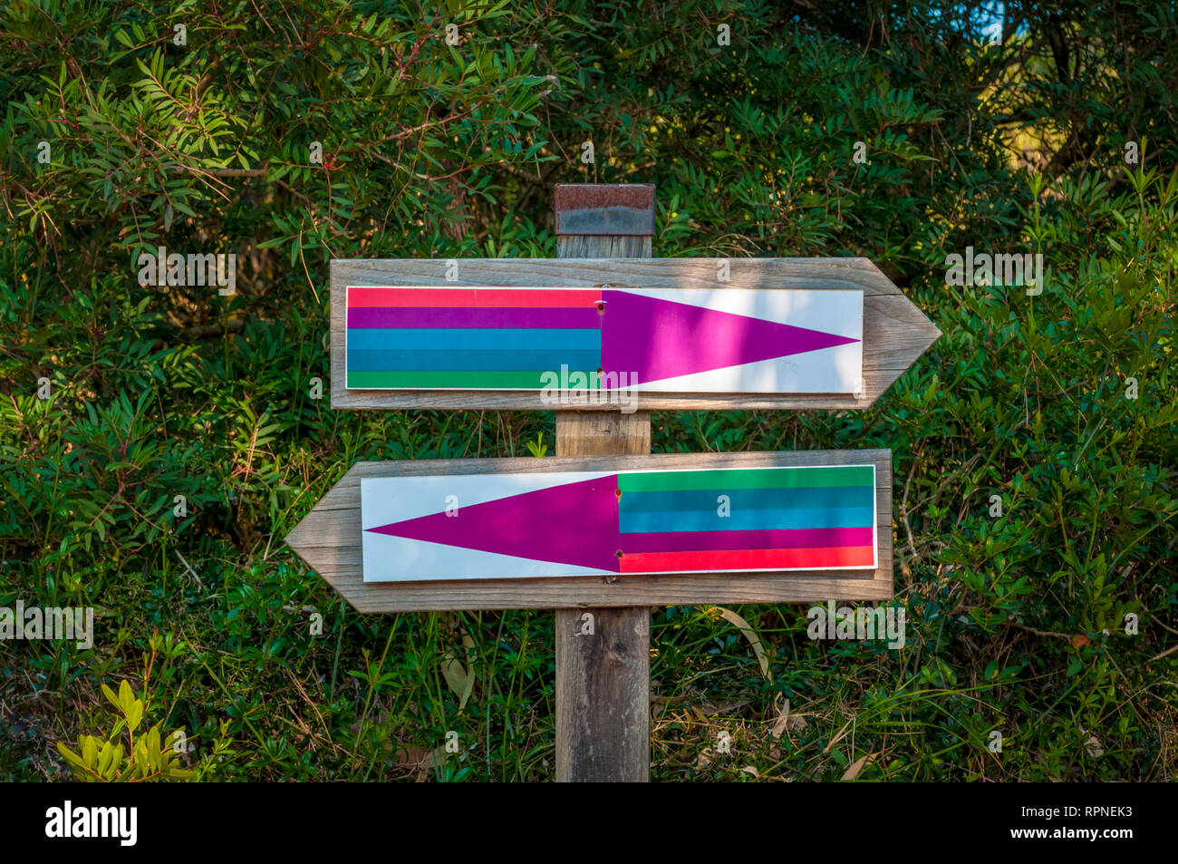 two signs for opposite directions in the park Stock Photo - Alamy