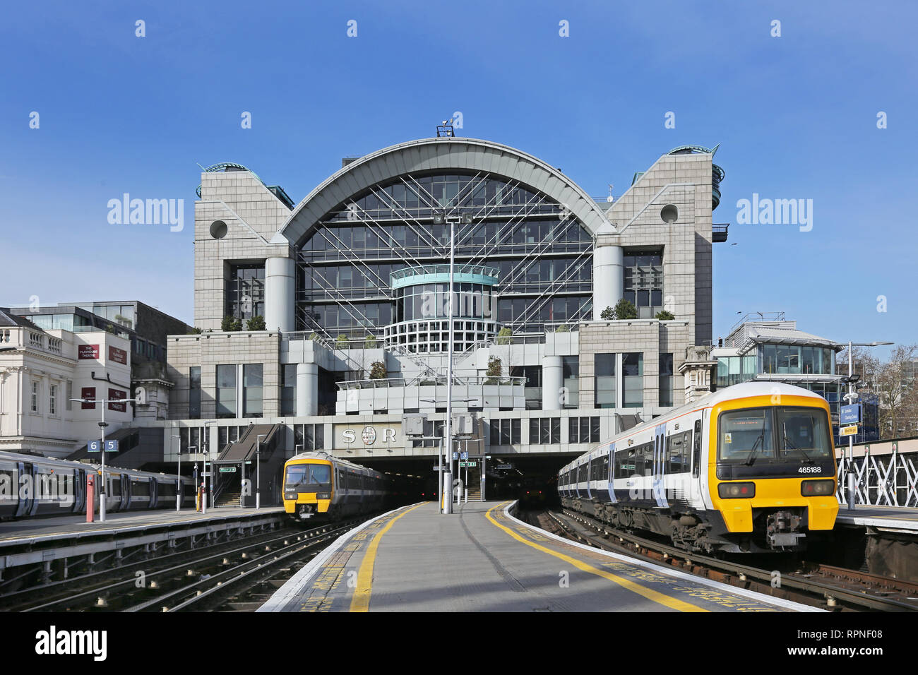 Charing Cross Station, London, showing Embankment Place, a post-modern ...