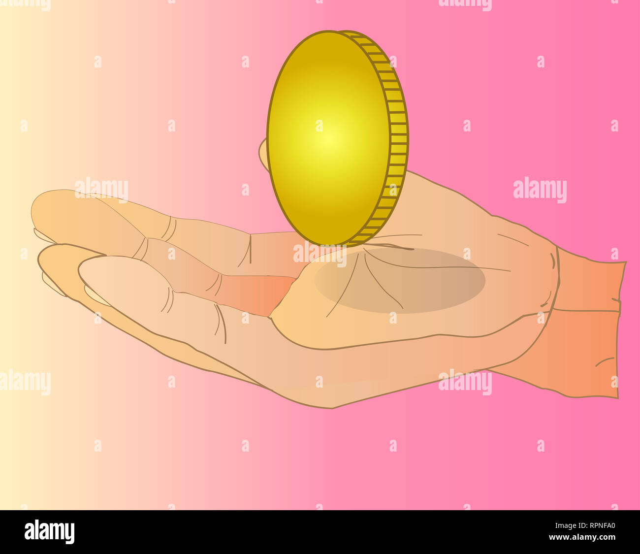 hand with gold coin on light pink background Stock Photo - Alamy