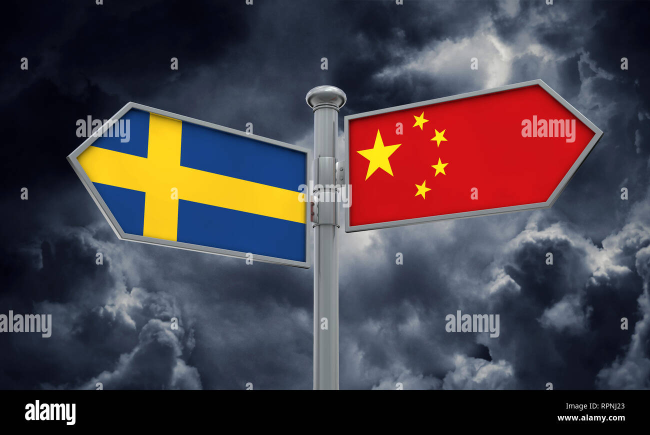 China and Swdeen flag sign moving in different direction. 3D Rendering ...