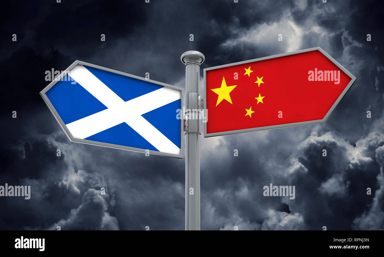 China and Scotland flag sign moving in different direction. 3D ...