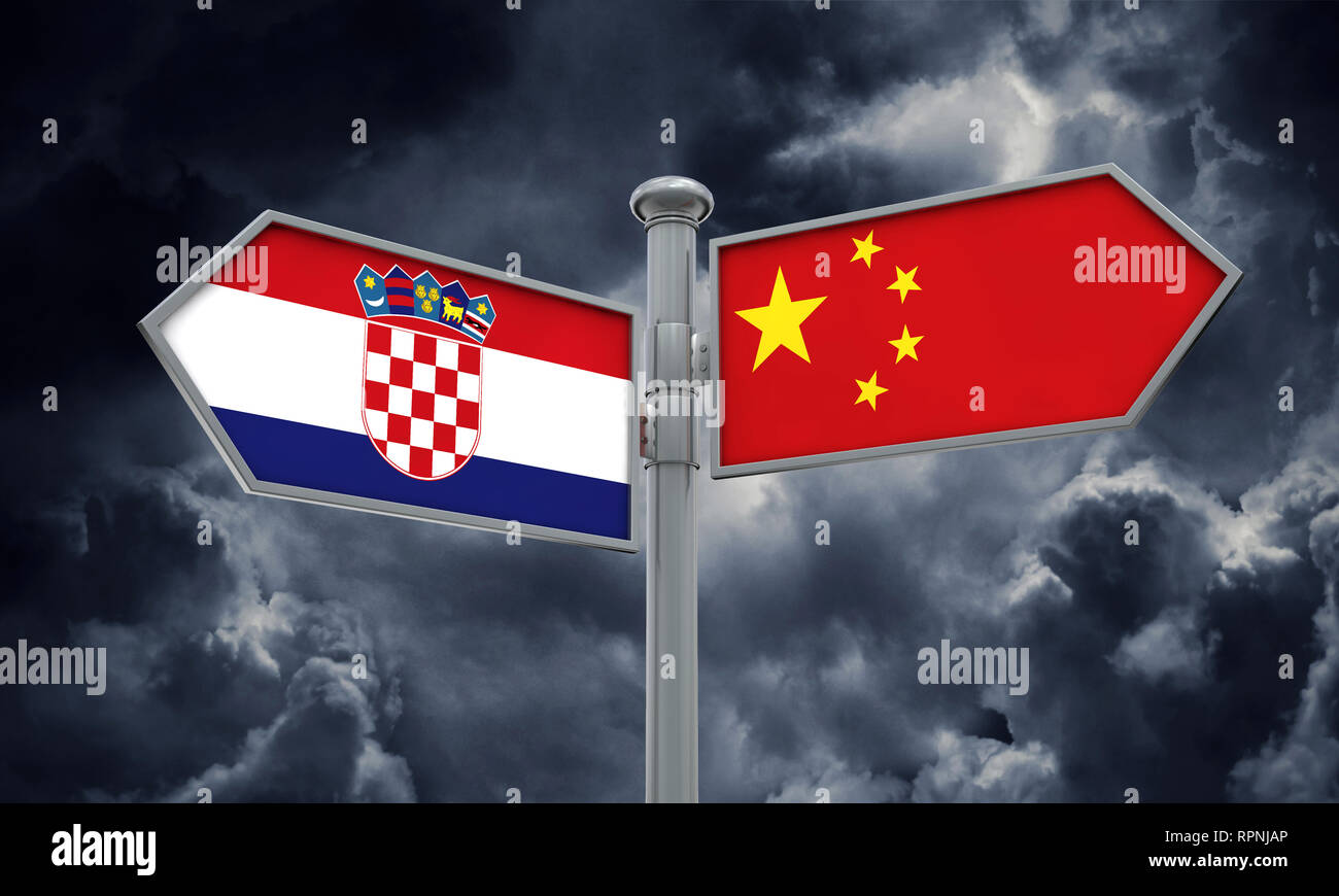 China and Croatia flag sign moving in different direction. 3D Rendering ...