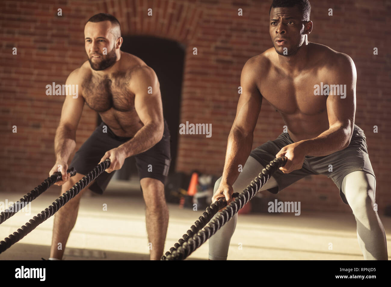 Multiethnic sportive african and caucasian men with bared torso doing ...