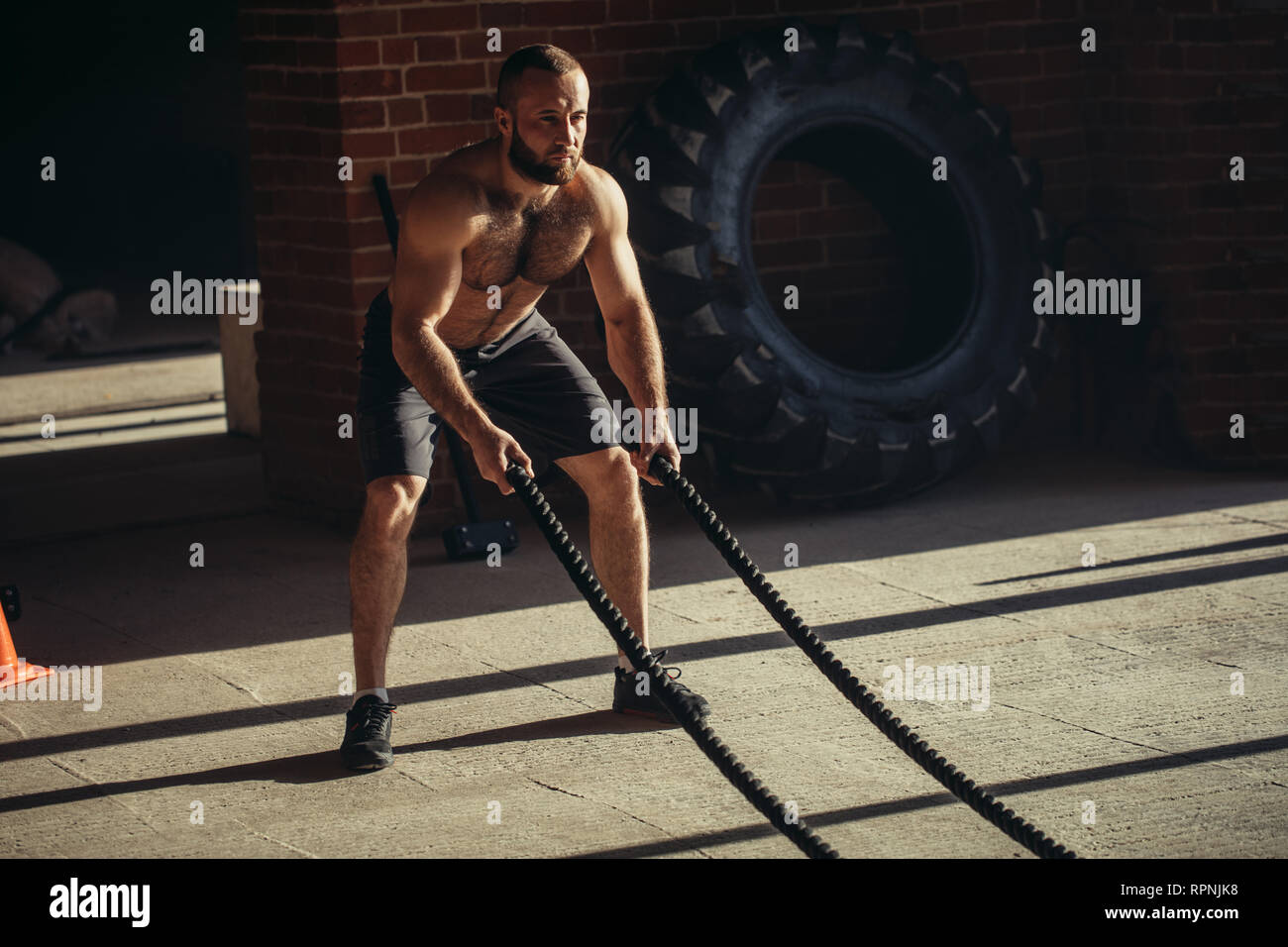 Muscular powerful determined man training with rope in functional ...