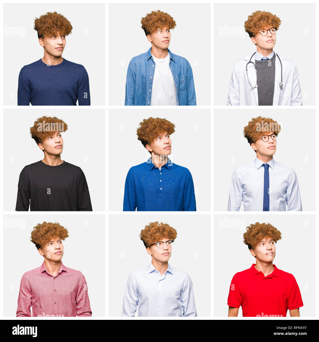 Collage of young man wearing different looks over isolated white ...
