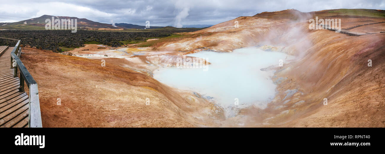 Panoramic view of Leirhnjukur (Clay Hill) rhyolite formation with hot ...
