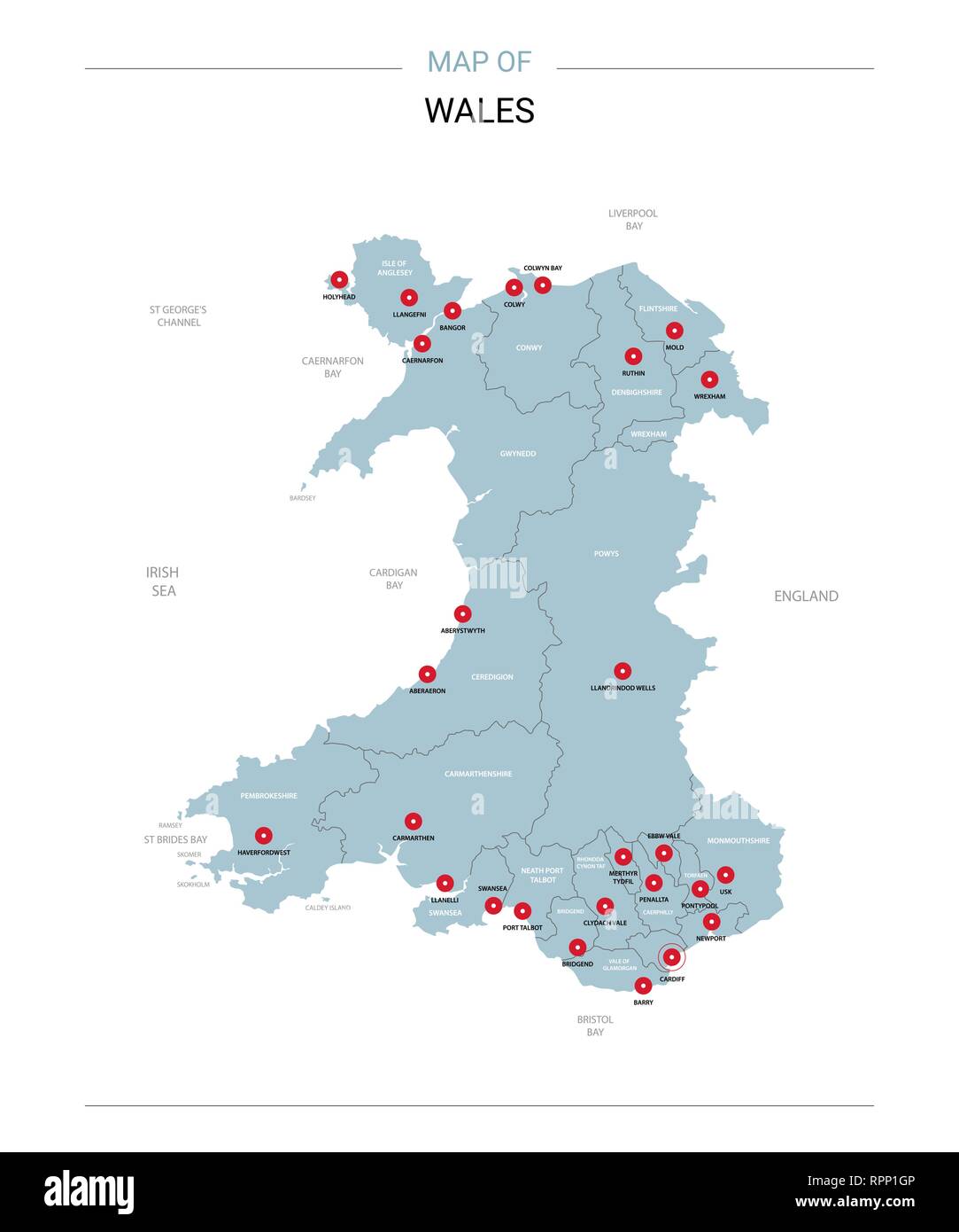 Wales vector map. Editable template with regions, cities, red pins and ...
