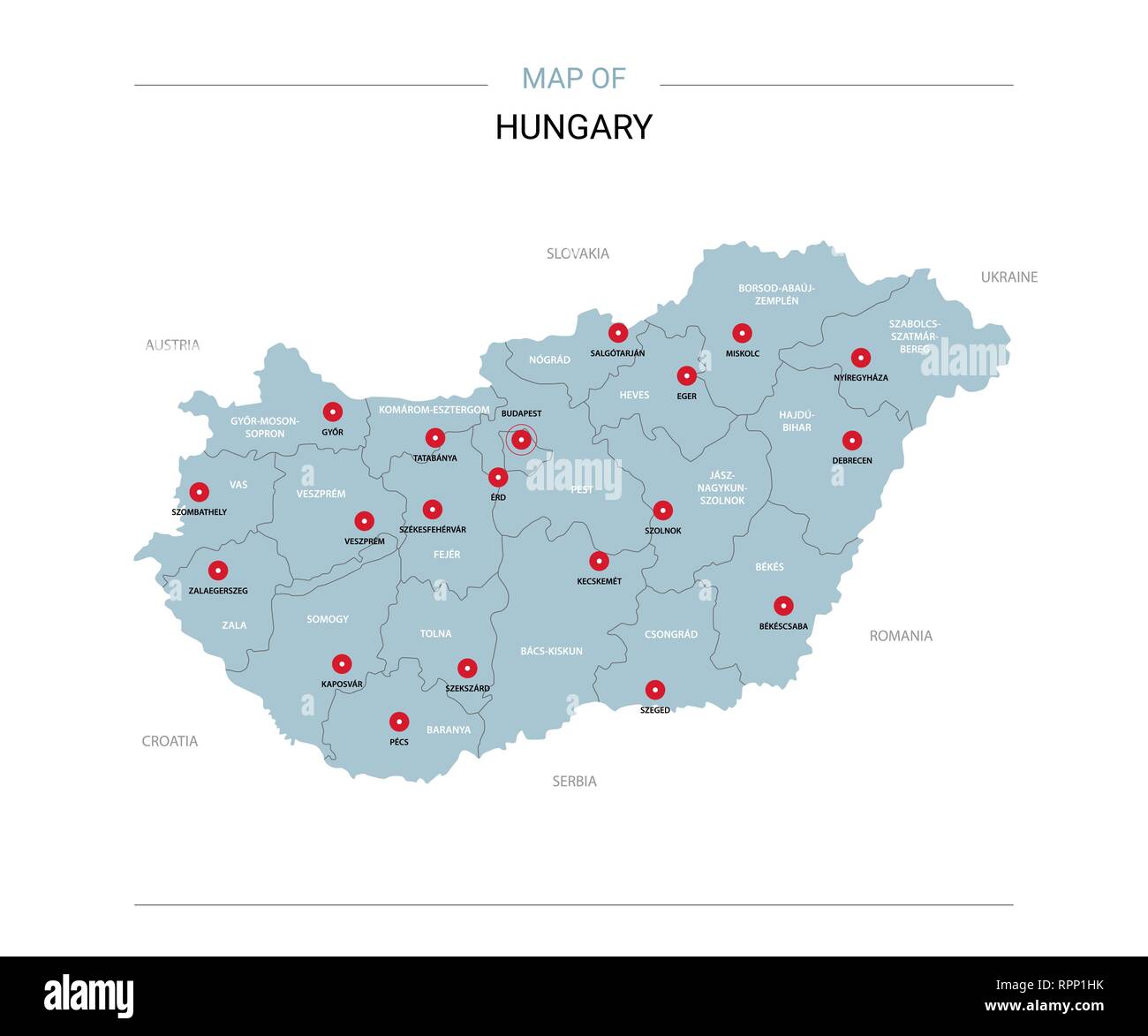 Hungary vector map. Editable template with regions, cities, red pins ...