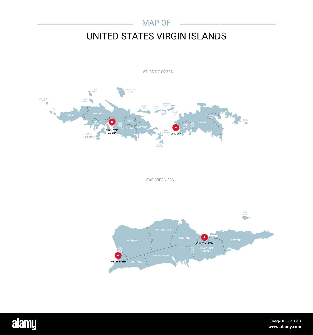 Virgin Islands vector map. Editable template with regions, cities, red ...