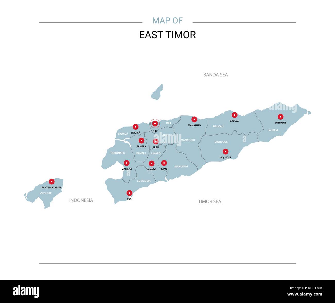 East Timor Vector Map Editable Template With Regions Cities Red Pins