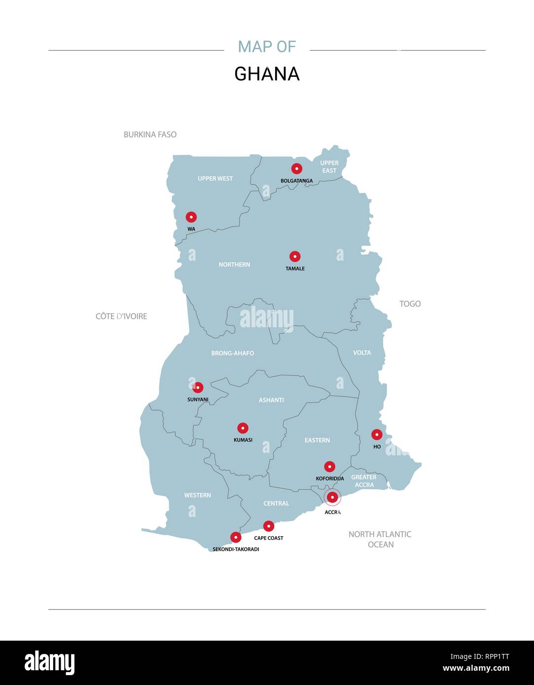 Ghana vector map. Editable template with regions, cities, red pins and ...