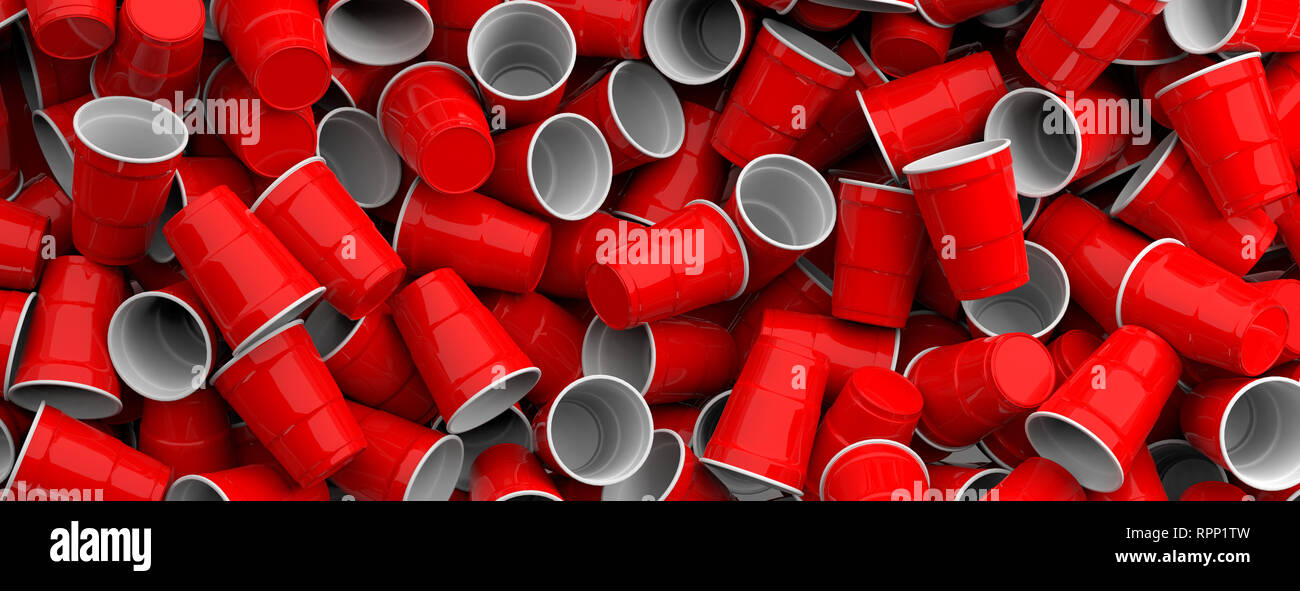 Plastic red white color disposable cups pile background, texture ...