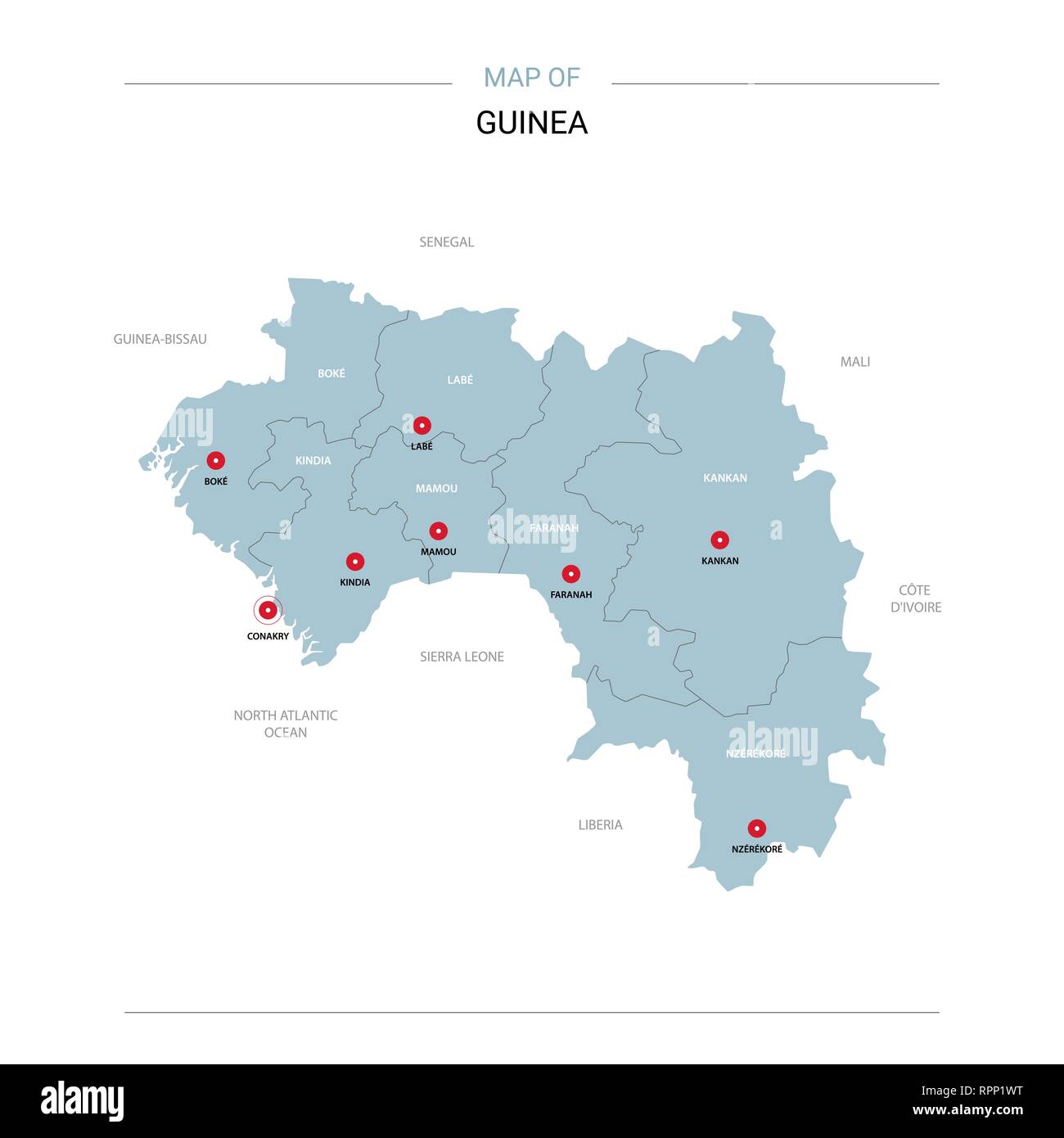 Guinea vector map. Editable template with regions, cities, red pins and ...