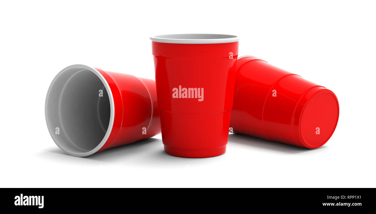 Plastic red color cups, disposable isolated on white background. 3d ...