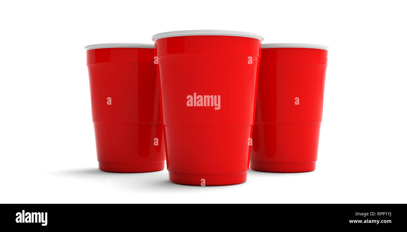 Plastic red color cups, disposable isolated on white background. 3d ...