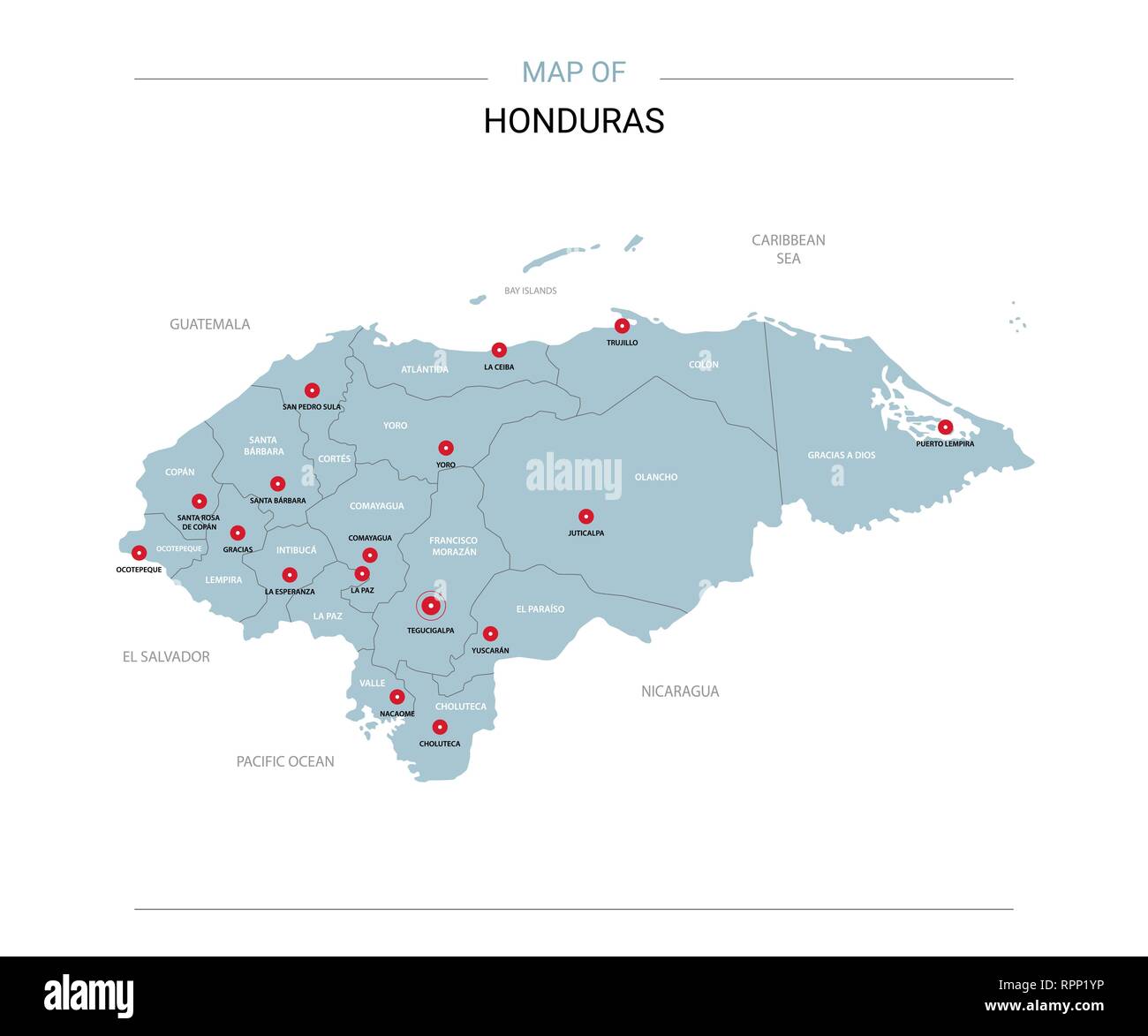 Honduras vector map. Editable template with regions, cities, red pins ...