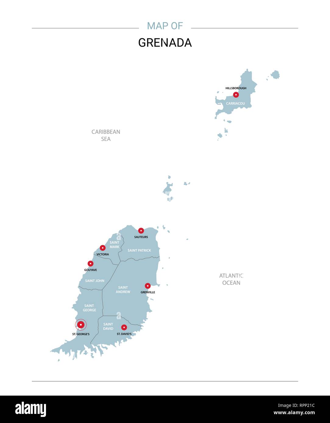 Grenada vector map. Editable template with regions, cities, red pins ...